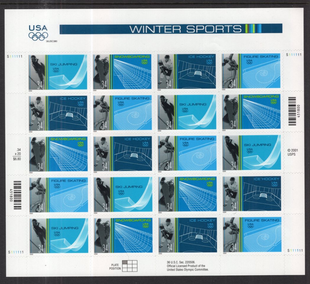 US 3555a Winter Olympics Pane MNH VF | United States, General Issue ...