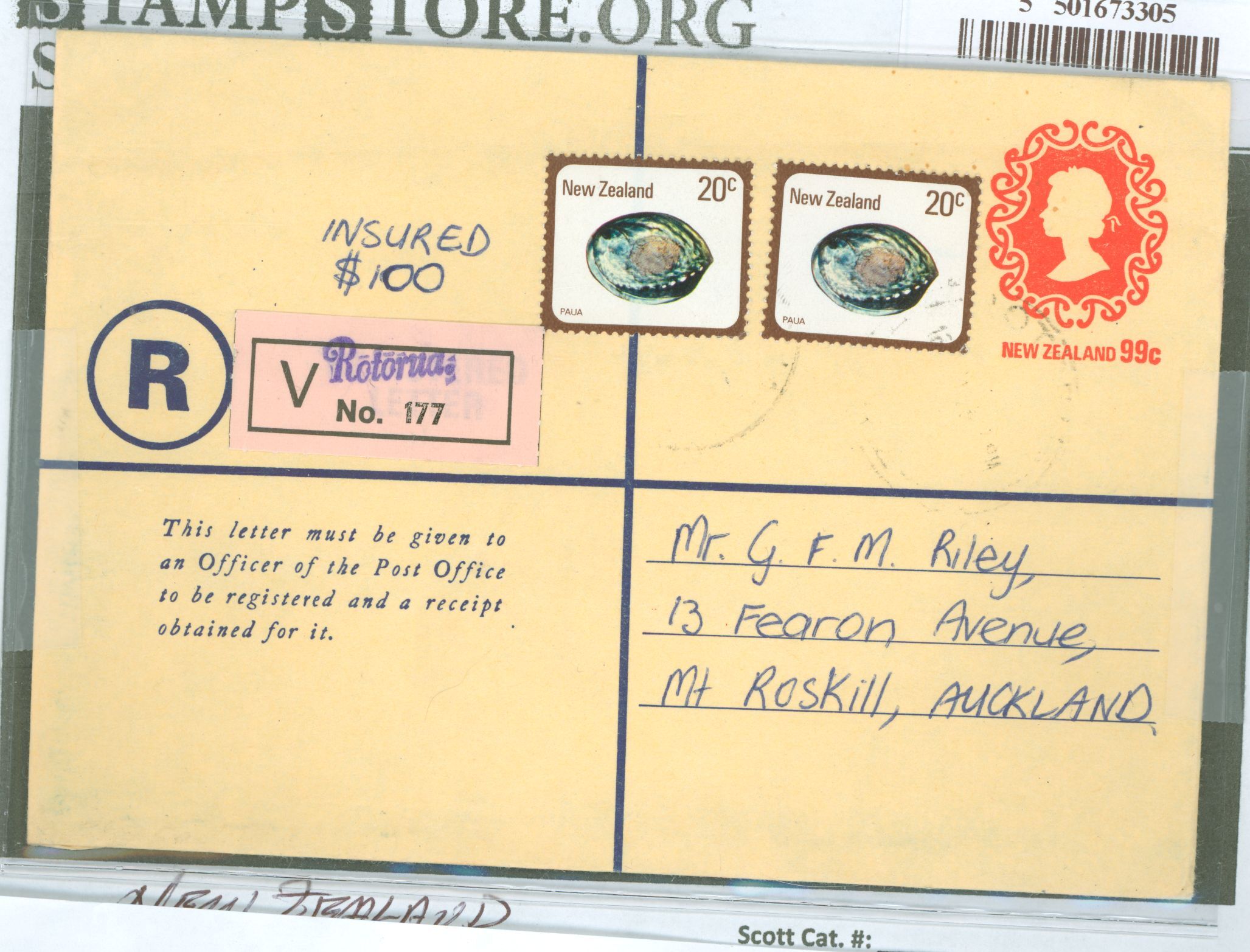 New Zealand U 1977 99 cent Envelope + 40 cent in stamp. Registered from ...