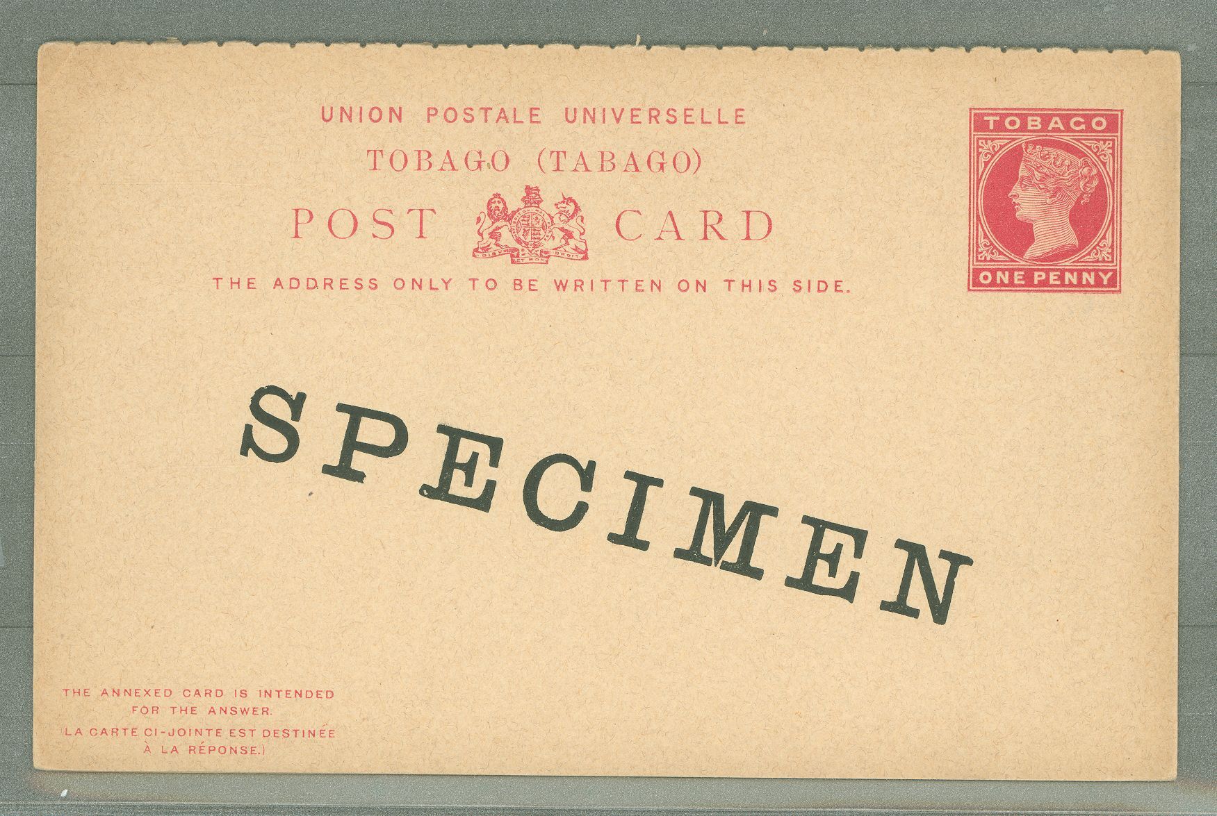Tobago 1890 Postal Stationery, 1c & 1c reply card, Specimen overprint ...