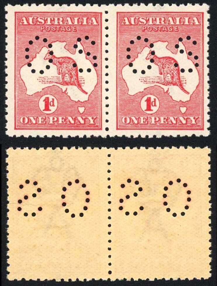 Australia SGO2d 1d Die 2 Perfin OS 1st Wmk Left stamp trace of a hinge ...
