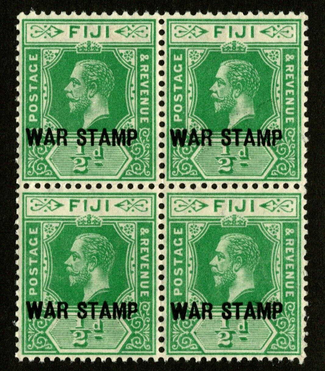 Es-1391 Fiji 1916 WAR TAX Stamps KGV Scott MR1 1/2p Green Block MNH $12 ...