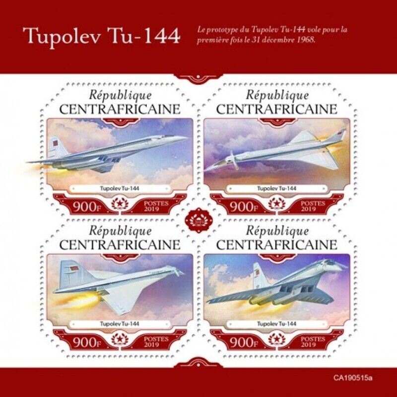 Central Africa - 2019 Tupolev Tu-144 Aircraft - 4 Stamp Sheet ...