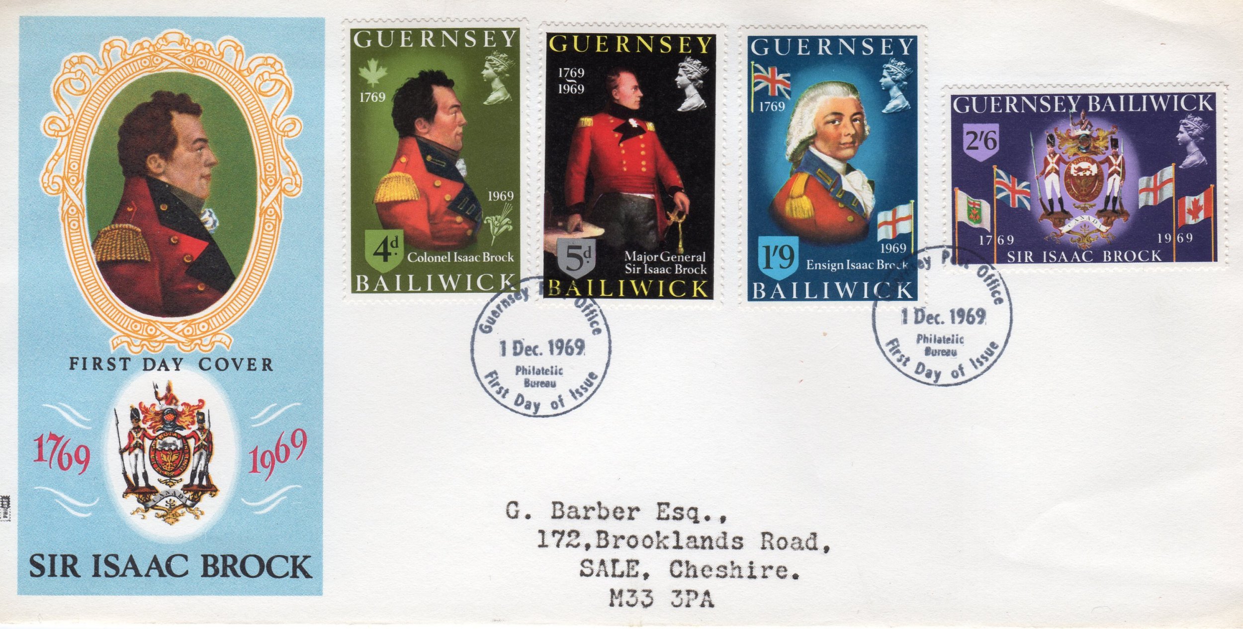 Guernsey 1969 Sc#24/27 SIR ISSAC BROCK Set (4) Official FDC | Great ...