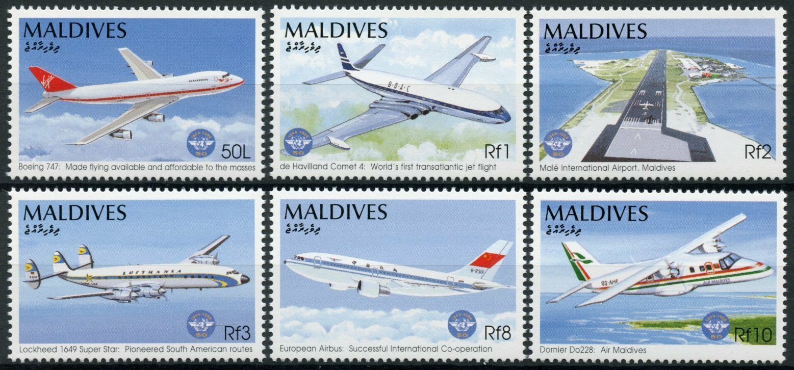 Maldives Aviation Stamps 1994 MNH ICAO Boeing 747 Lockheed Airbus 6v ...