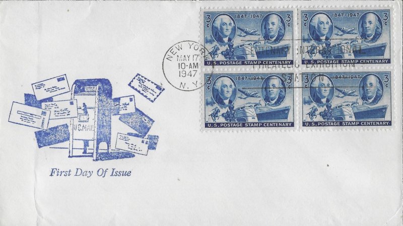 1947 FDC, #947, 3c Stamp Centenary, general purpose, block of 4 ...