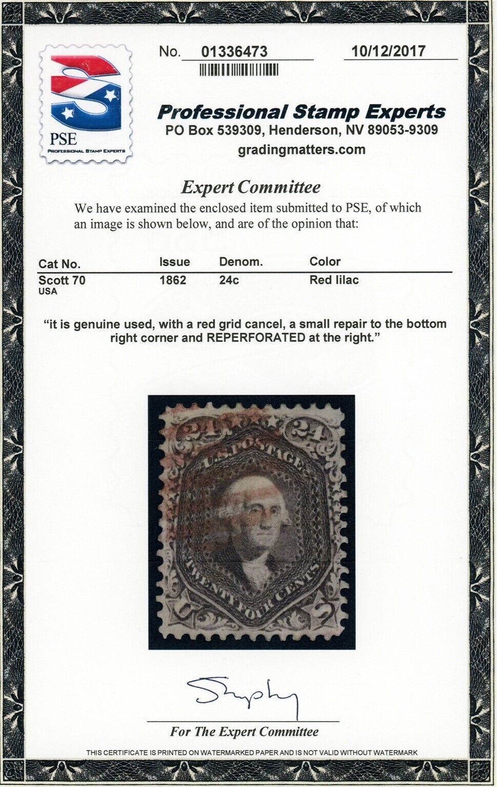 US Stamp #70 Washington 24c - PSE Cert - USED - Red Grid Cancel - CV ...