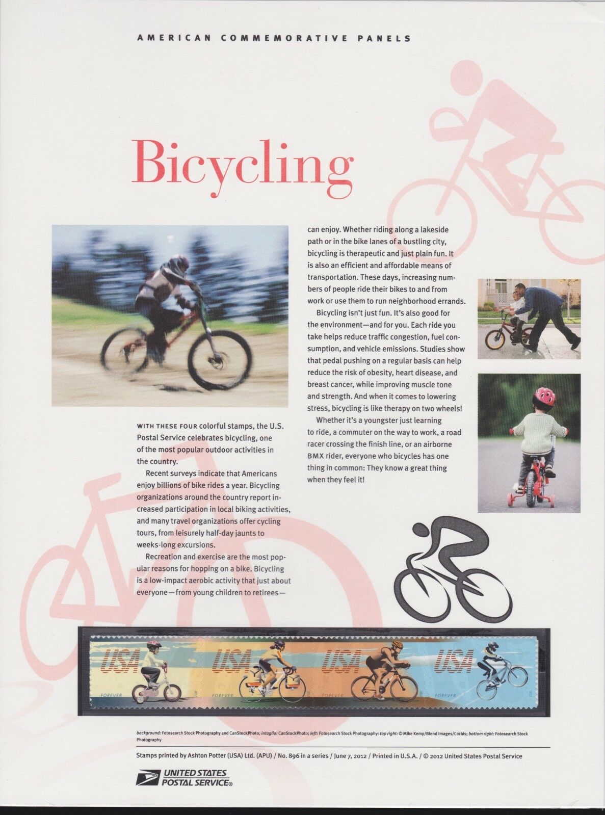 US #896 (45c) Forever Bicycling #4690a USPS Commemorative Stamp Panel ...