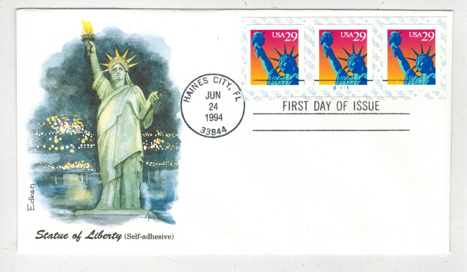 1994 FDC Statue of Lieberty Haines City Florida PNC Plate # Coil B11111 ...
