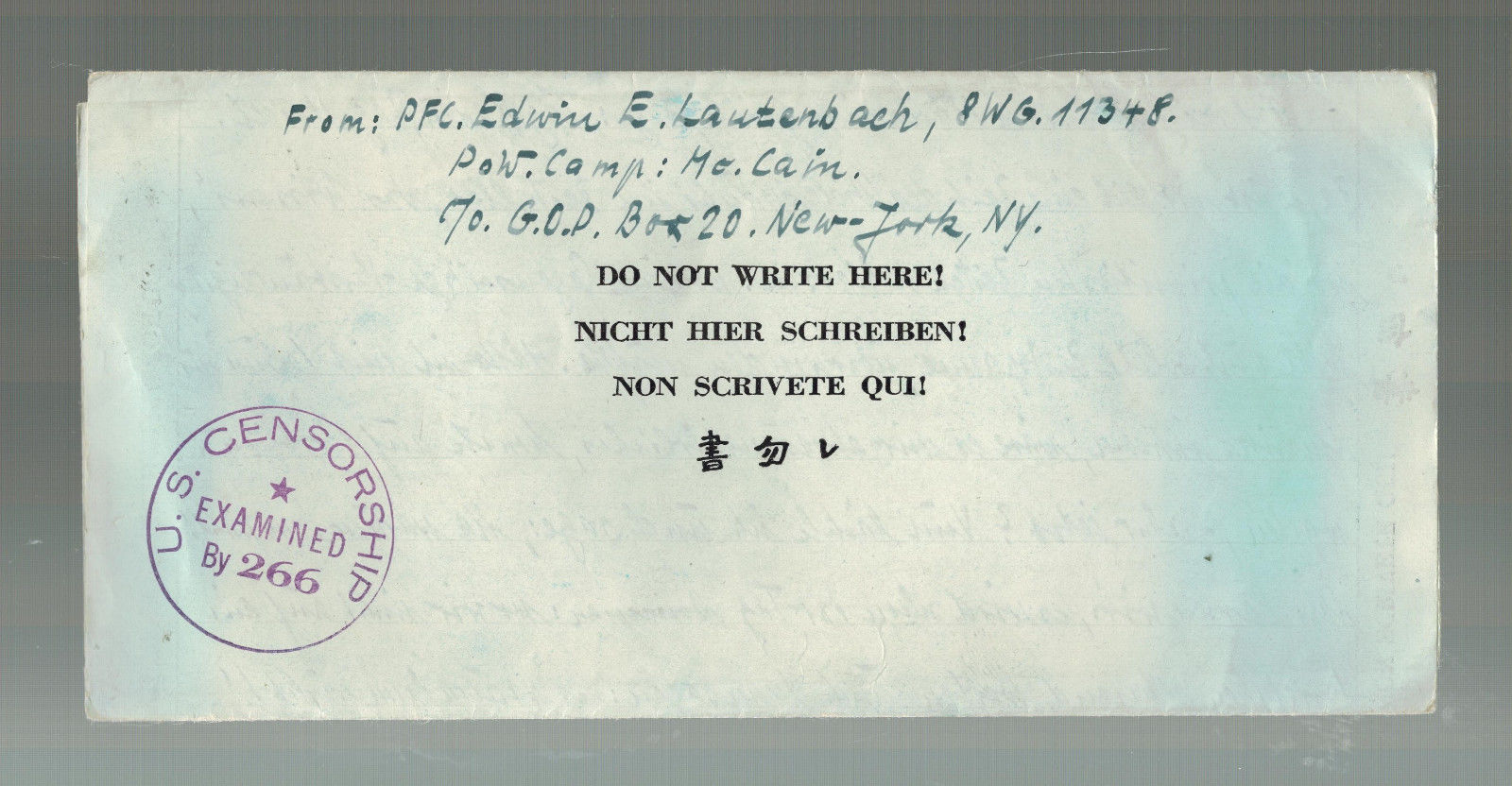 1944 CAmp McCAin MS USA POW Prisoner of War Camp Censored Cover to ...