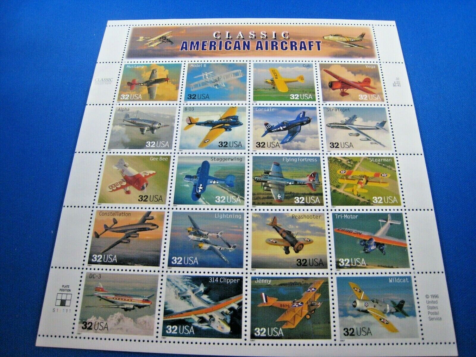 Postage Stamps 1997 Classic American Aircraft Stamp Sheet - 20 Vintage ...