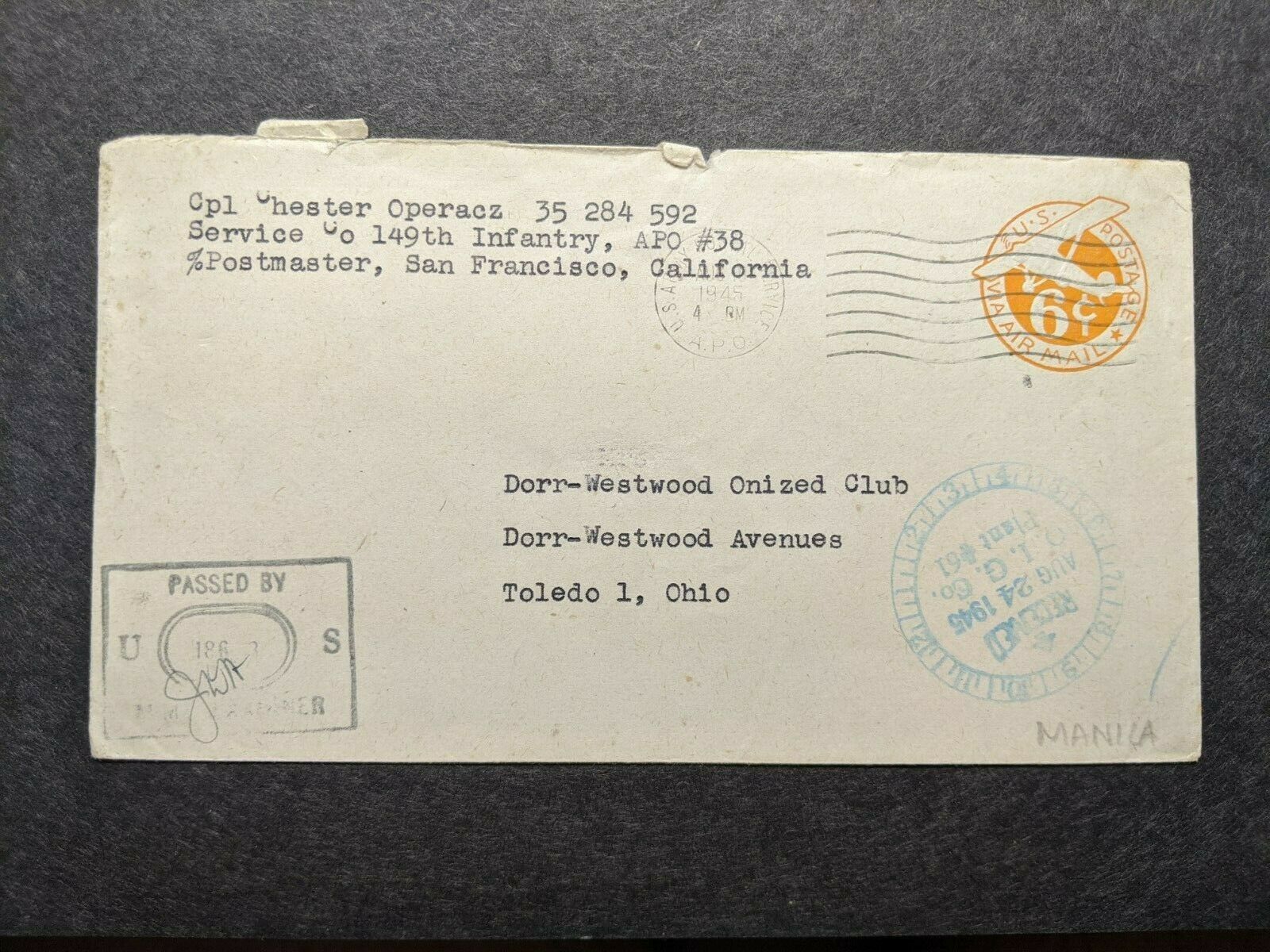 APO 38 MANILA, PHILIPPINES 1945 Censored WWII Army Cover 149th Infantry ...