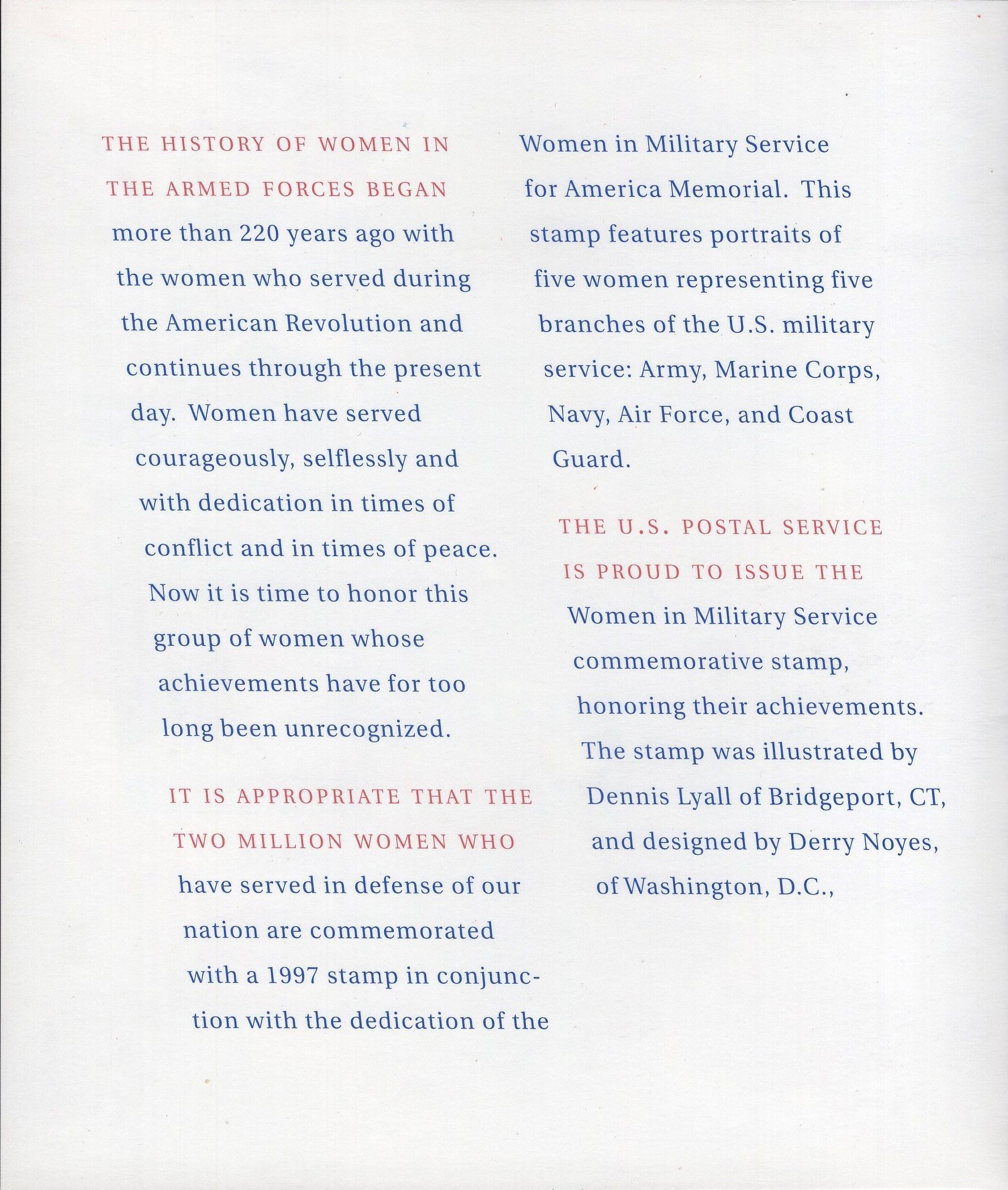 USPS Ceremony Program FDC for the 1997 Women in Military Service Stamp ...