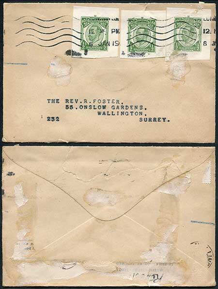 KGV THREE Postal Stationary Cut-outs used on cover | Great Britain ...
