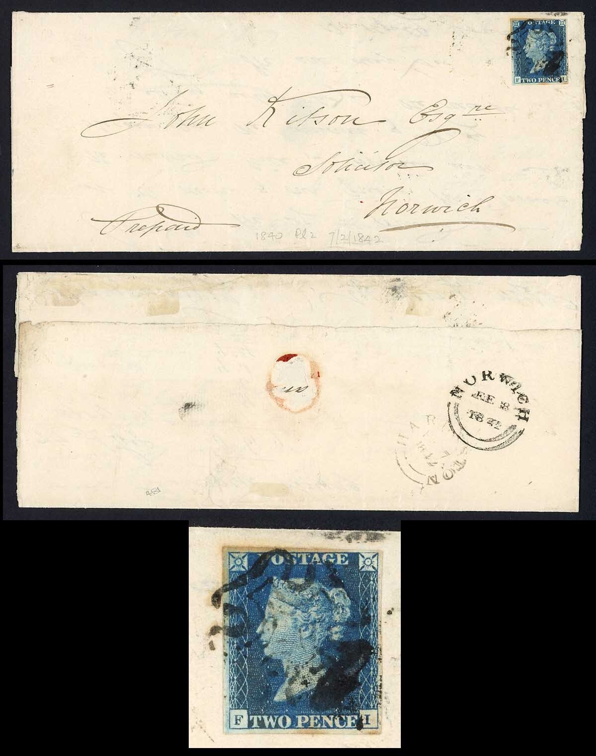 1840 2d Blue (FI) Plate 2 Four Margins 7 Feb 1842 Harleston to Norwich ...