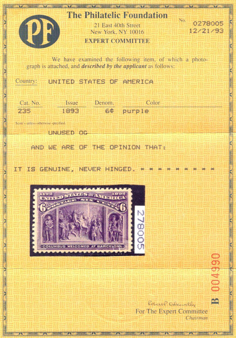 US Stamps # 235 Mint OG NH VF/XF+ Choice *** PF Cert *** Retail $300 ...