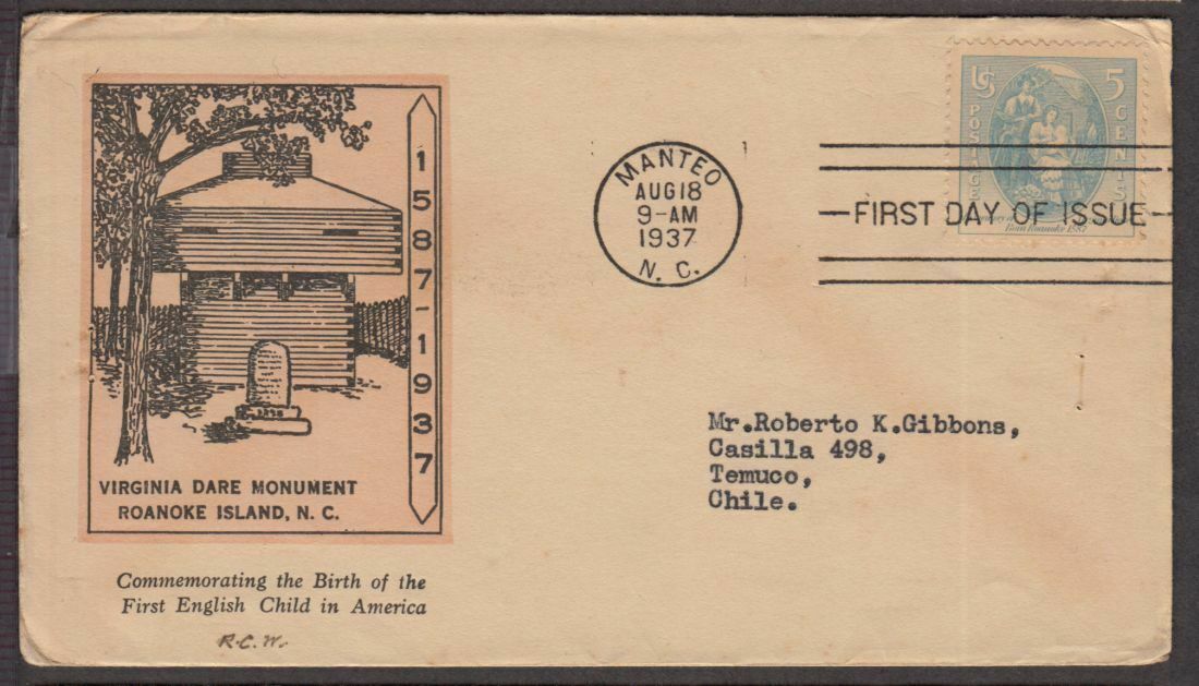 1937 Virginia Dare 350th Anniversary Sc 796-32 Linprint cachet Manteo ...