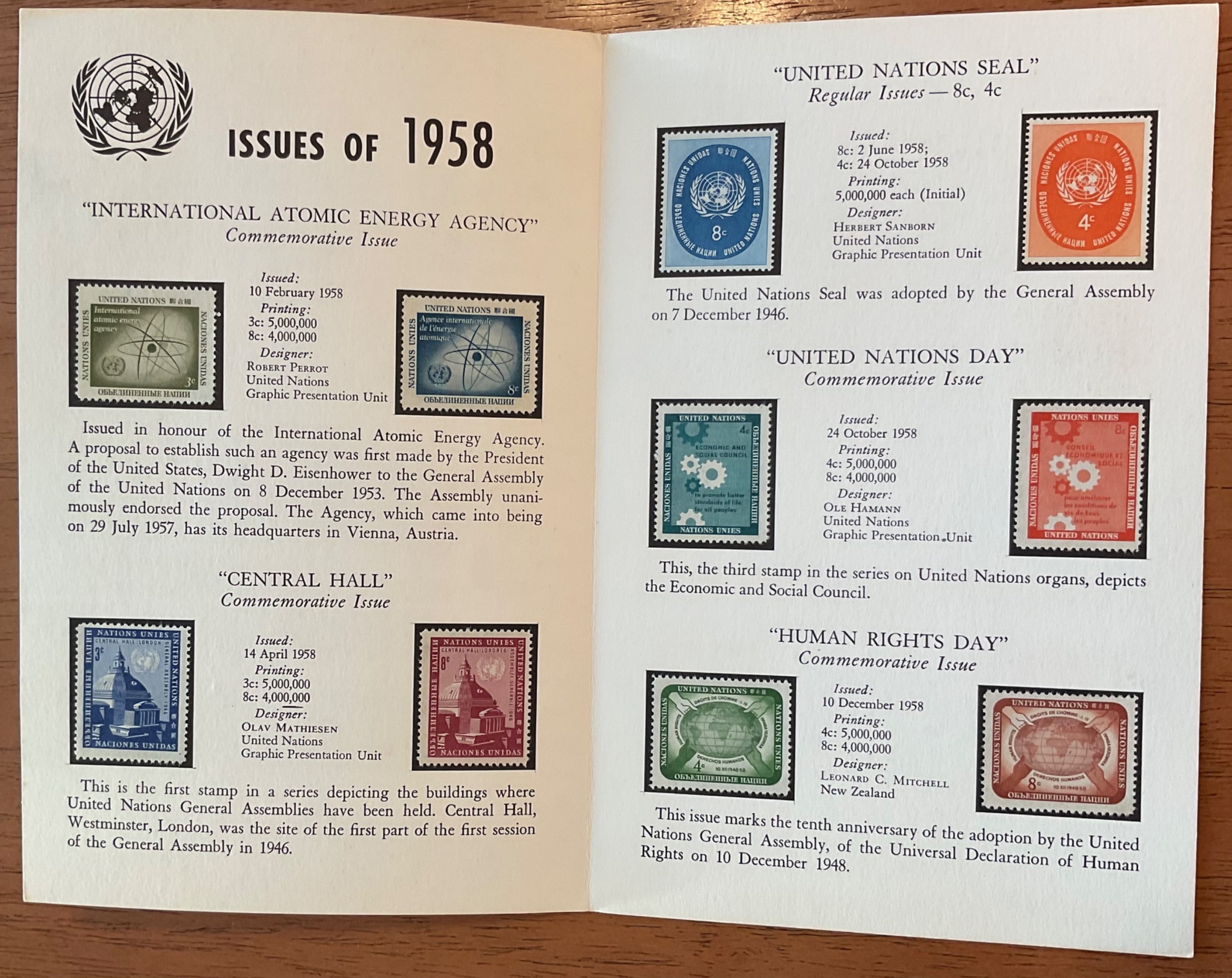 United Nations #59-68 1958 Souvenir Folder STAMPS “Pasted” to Folder ...