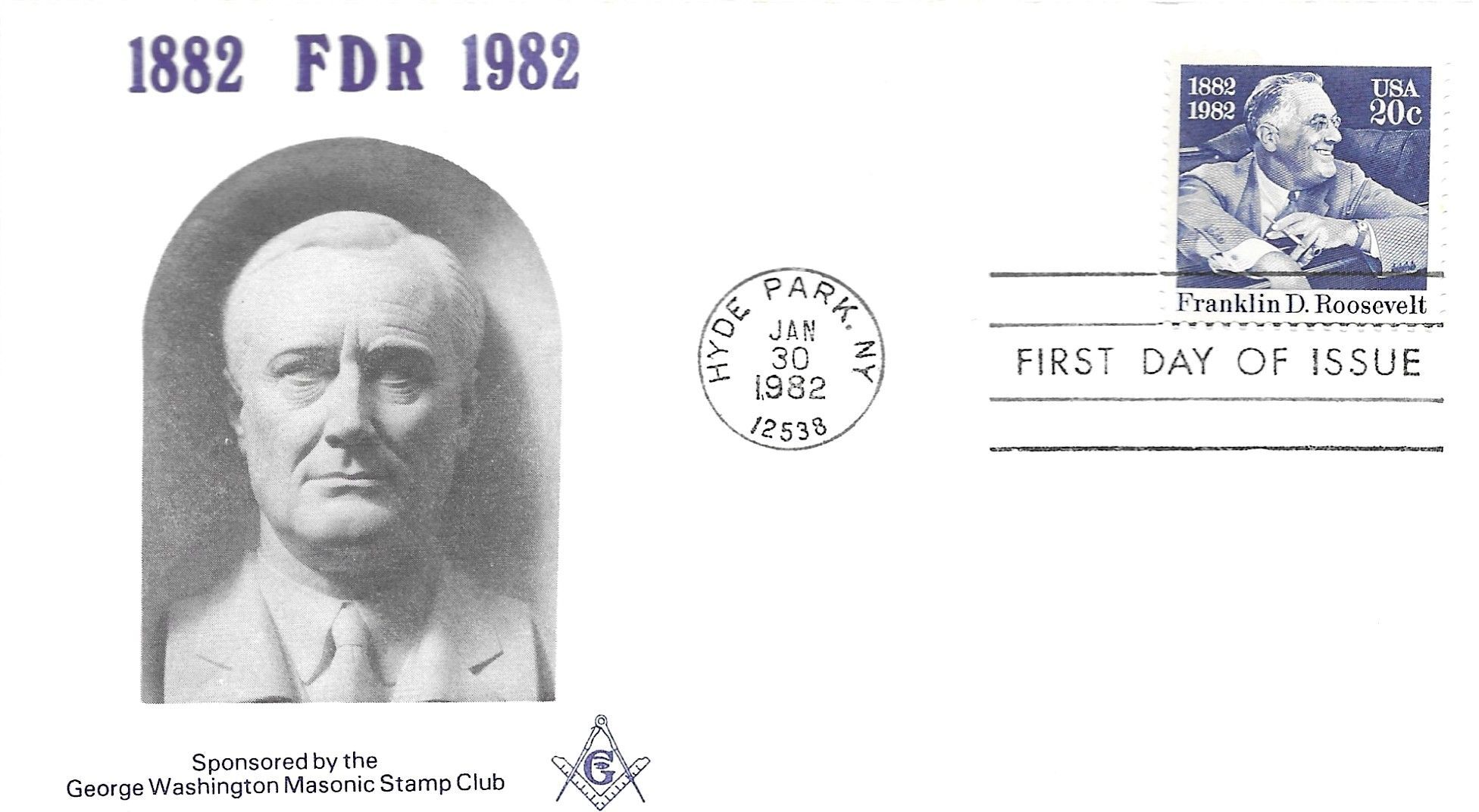 1982 FDC, #1950, 20c Franklin D. Roosevelt, George Washington Masonic ...