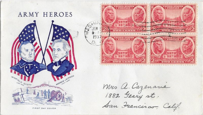 1937 FDC, #786, 2c Army Heroes, Grimsland, block of 4 | United States ...