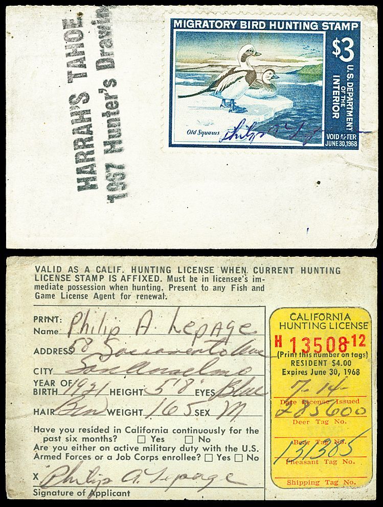 Scott RW34 1967 $3.00 Federal Duck Stamp Used on a California Hunting ...