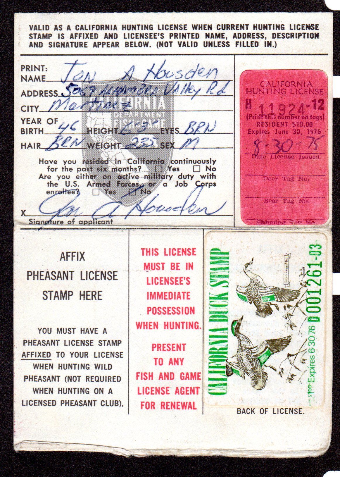 California Duck Stamp License, Scott # 5, 2A40, used, CV=$ 9.00 Lot ...