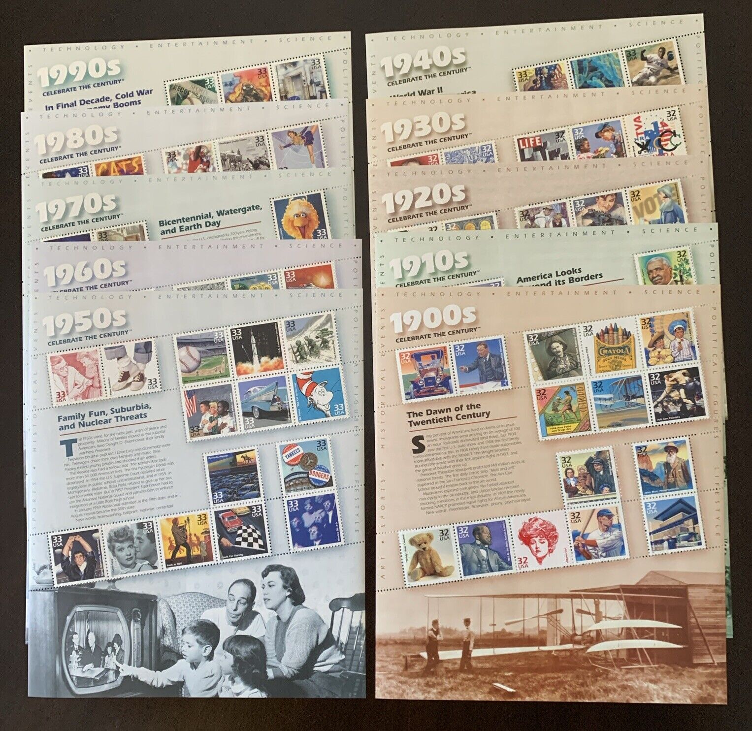3182-3191 CELEBRATE THE CENTURY 1900-1990. Complete 10 Sheet Set US ...