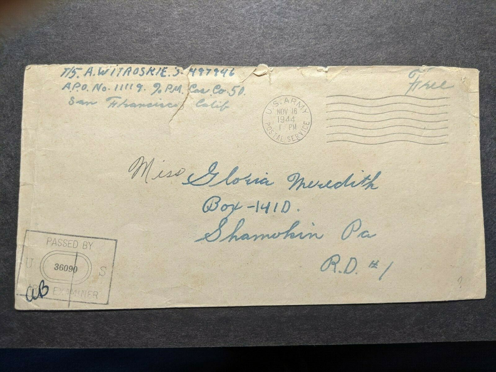 APO 11119 CASUAL Co 50 1944 Censored WWII Army Cover Soldier's Mail ...