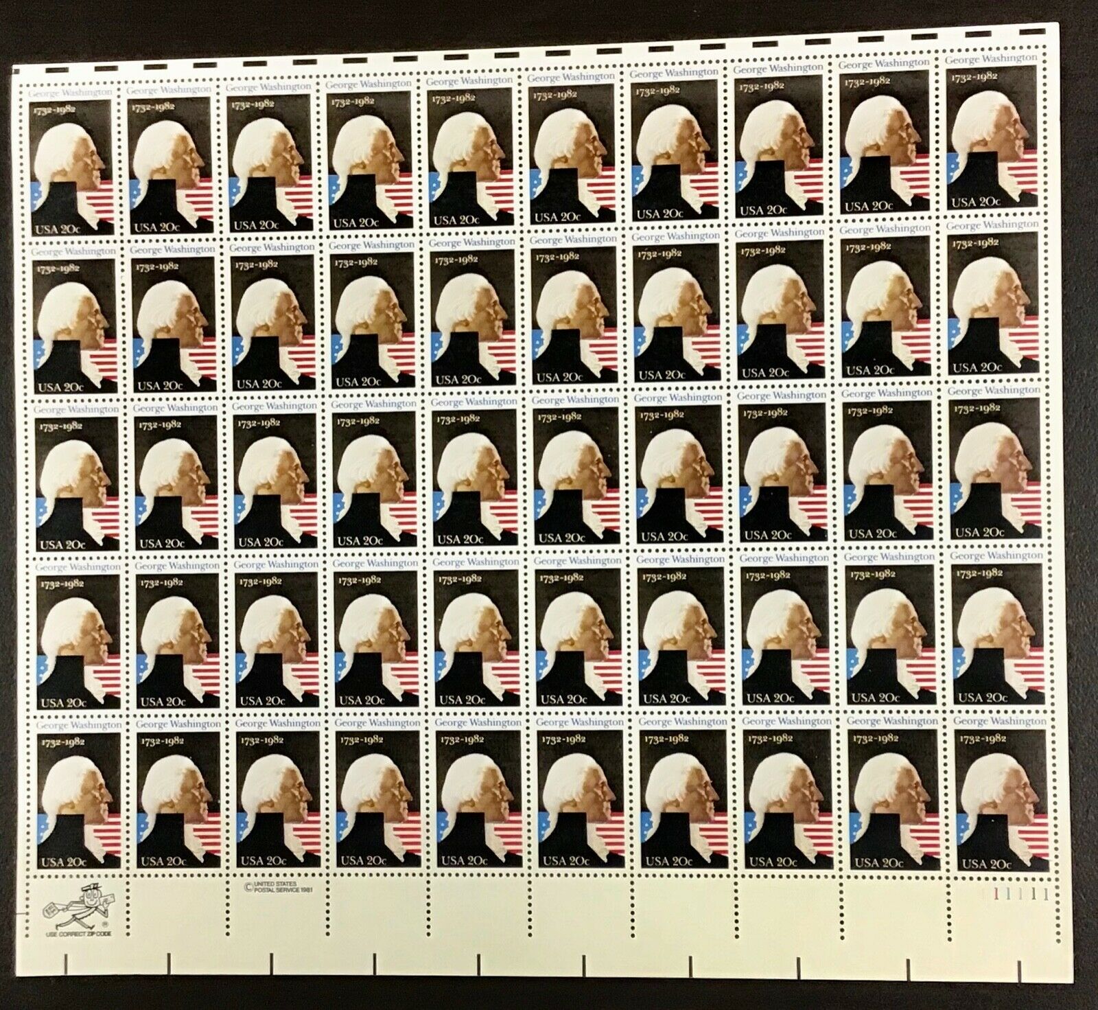 1952 George Washington MNH 20 c Sheet of 50 FV $10.00 1982 | United ...