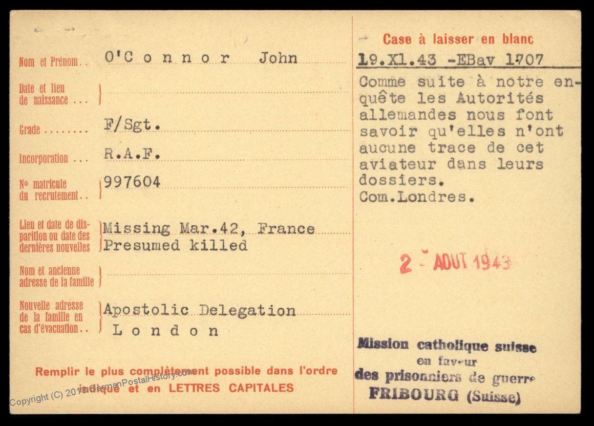 UK 1944 RAF Raid MIA France Germany POW Red Cross Cover Catholic ...