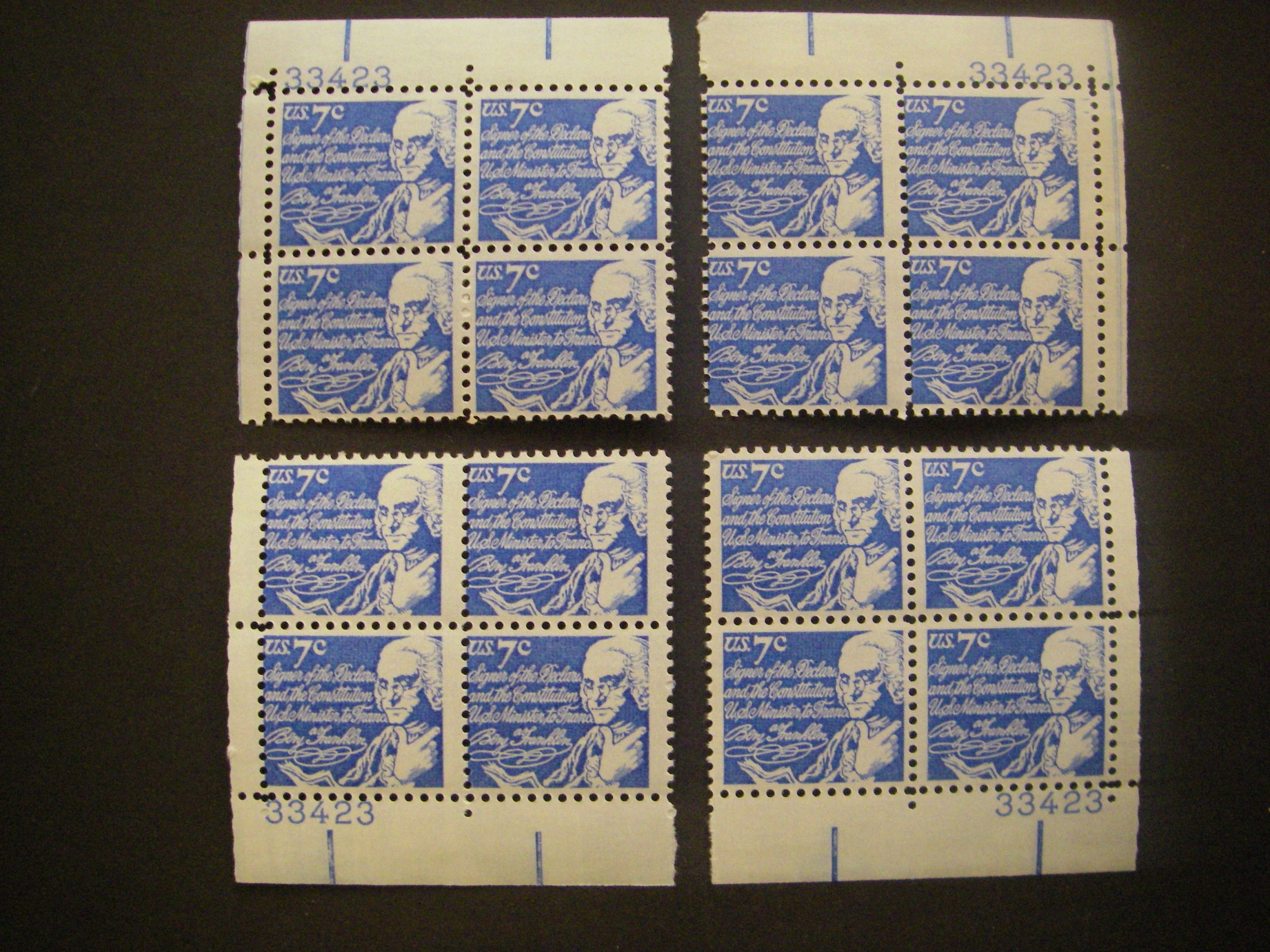 Scott 1393D, 7c Benjamin Franklin, PB4 #33423 x4 Matched Set, MNH Shiny ...