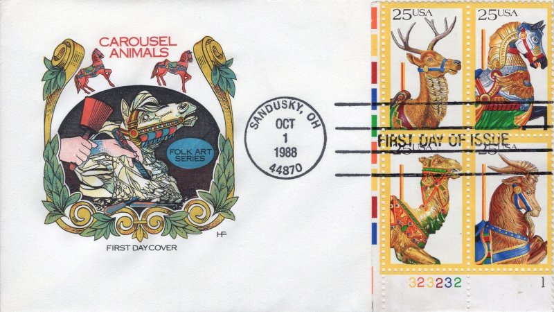 House of Farnam Raised Print FDC for the 1988 25-cent Carousel Animals ...