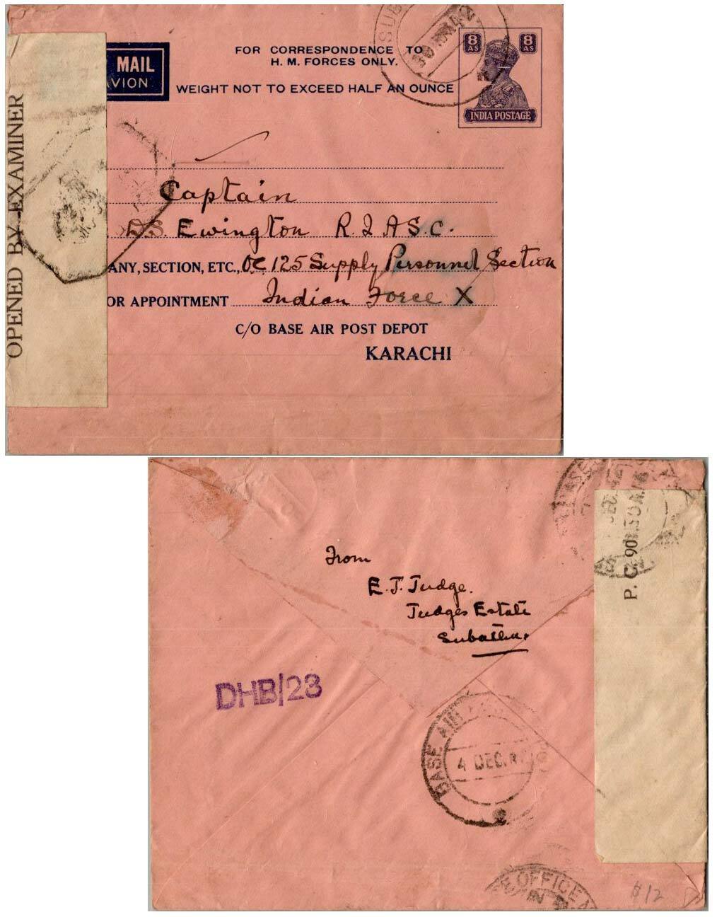 India 8a KGVI Forces Air Envelope 1942 Subadar Airmail to Indian Force ...