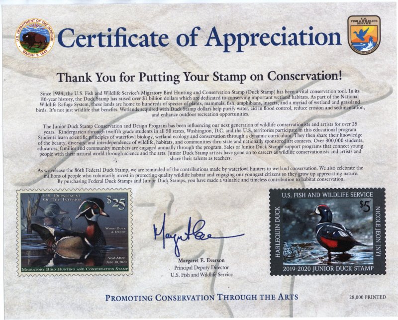 RW86 Federal Duck 2019-2020 Wildlife Service Certificate of ...