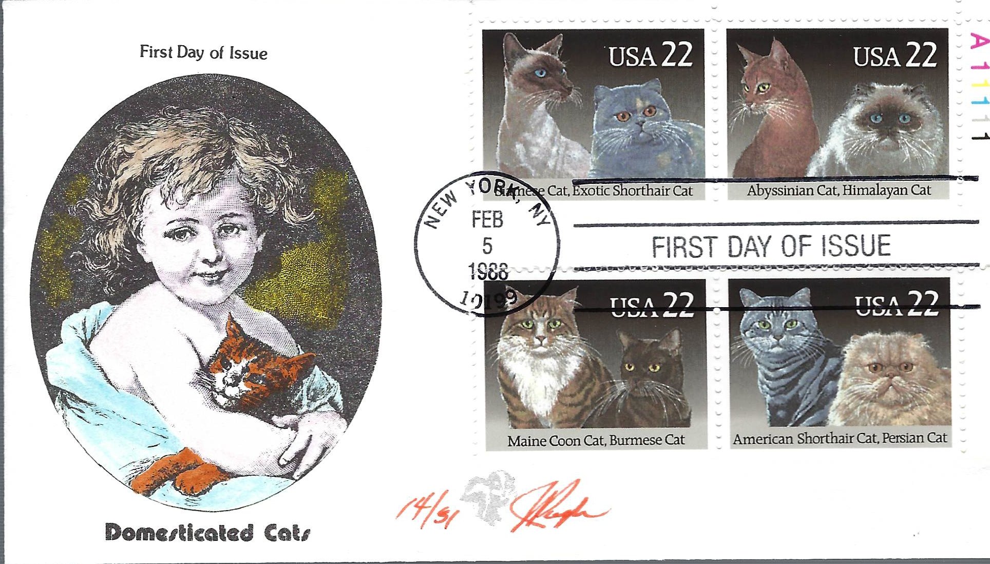 Pugh Designed Domesticated Cats w/ Plate# Selvage...14 of Only 31 ...