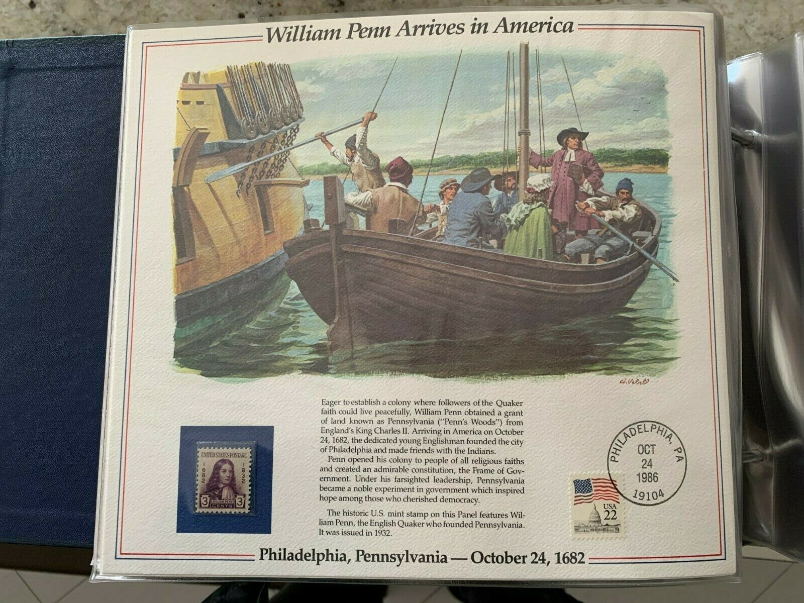 the history of American stamp panel: William Penn arrives in America ...