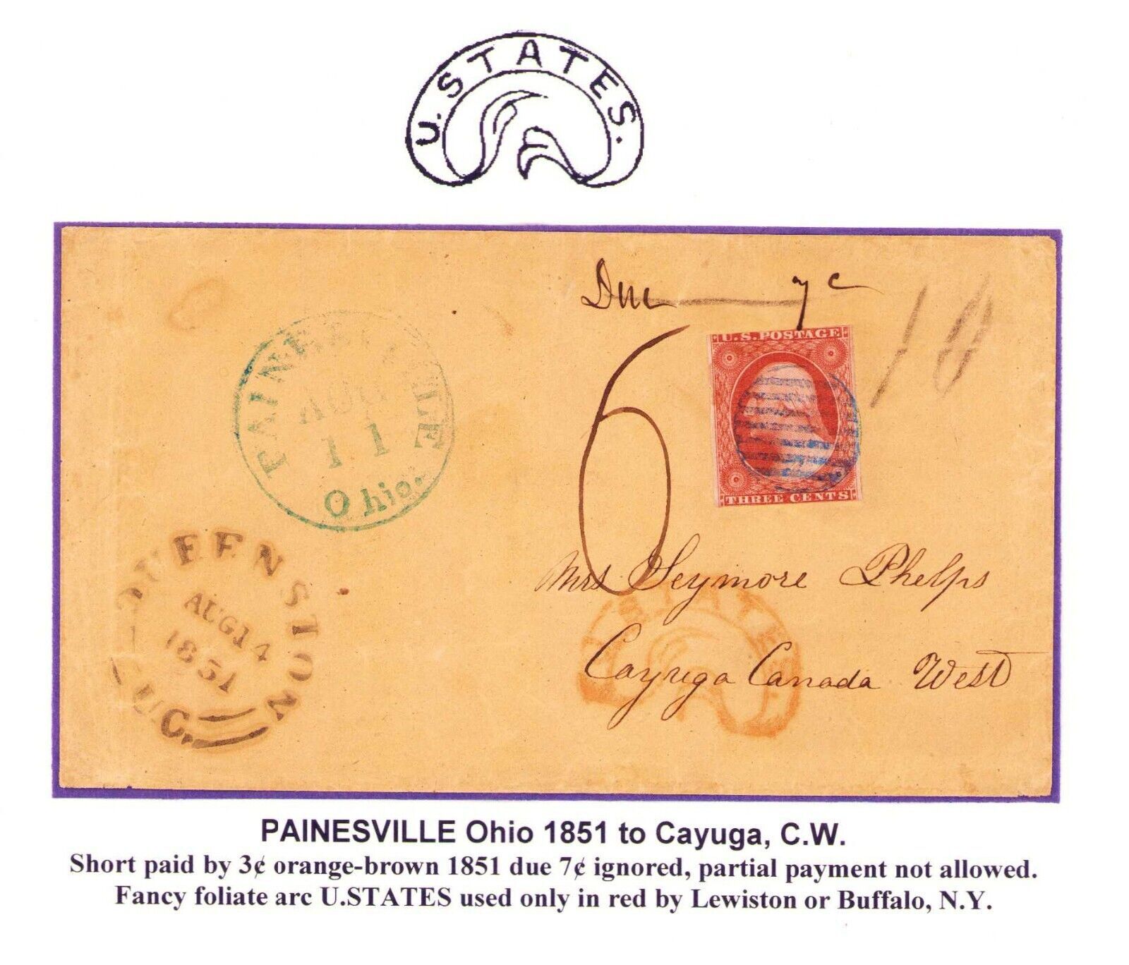 1851 Cross Border Ohio to Canada West by 3¢ Orange Brown, Foliate Arc U ...