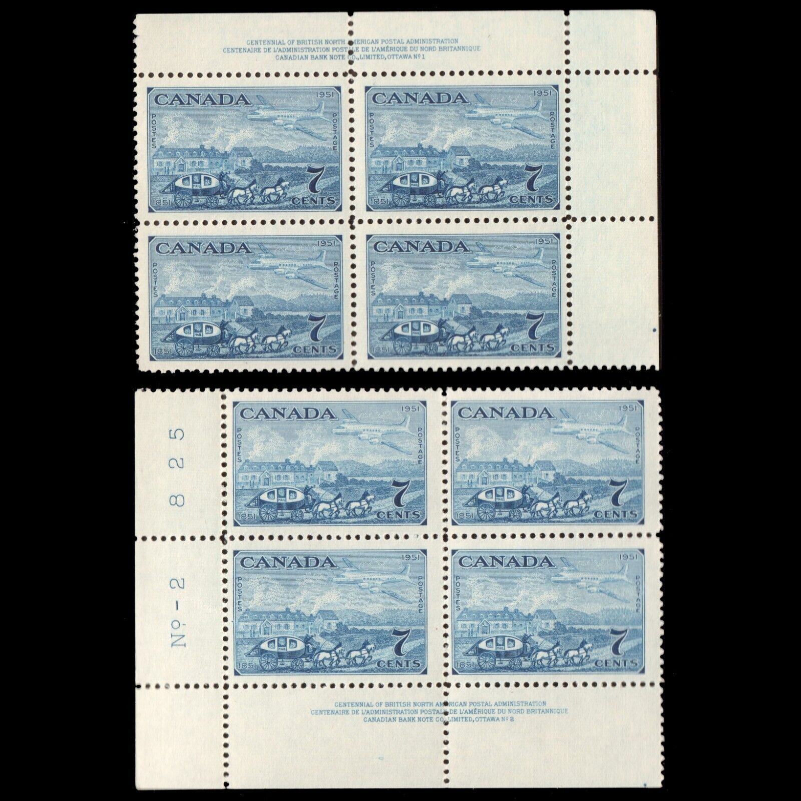 CANADA QE2 Sc# 313 x2 MINT NH Stagecoach & Airplane PB4 Plate Blocks VF ...
