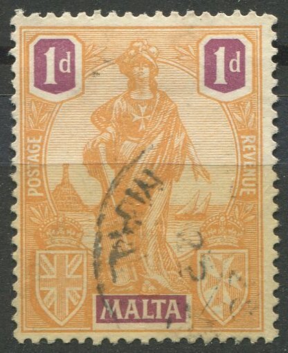 Malta Sc#100 Used, 1p yel org & red pur, Definitives 1922-1926: Melita ...