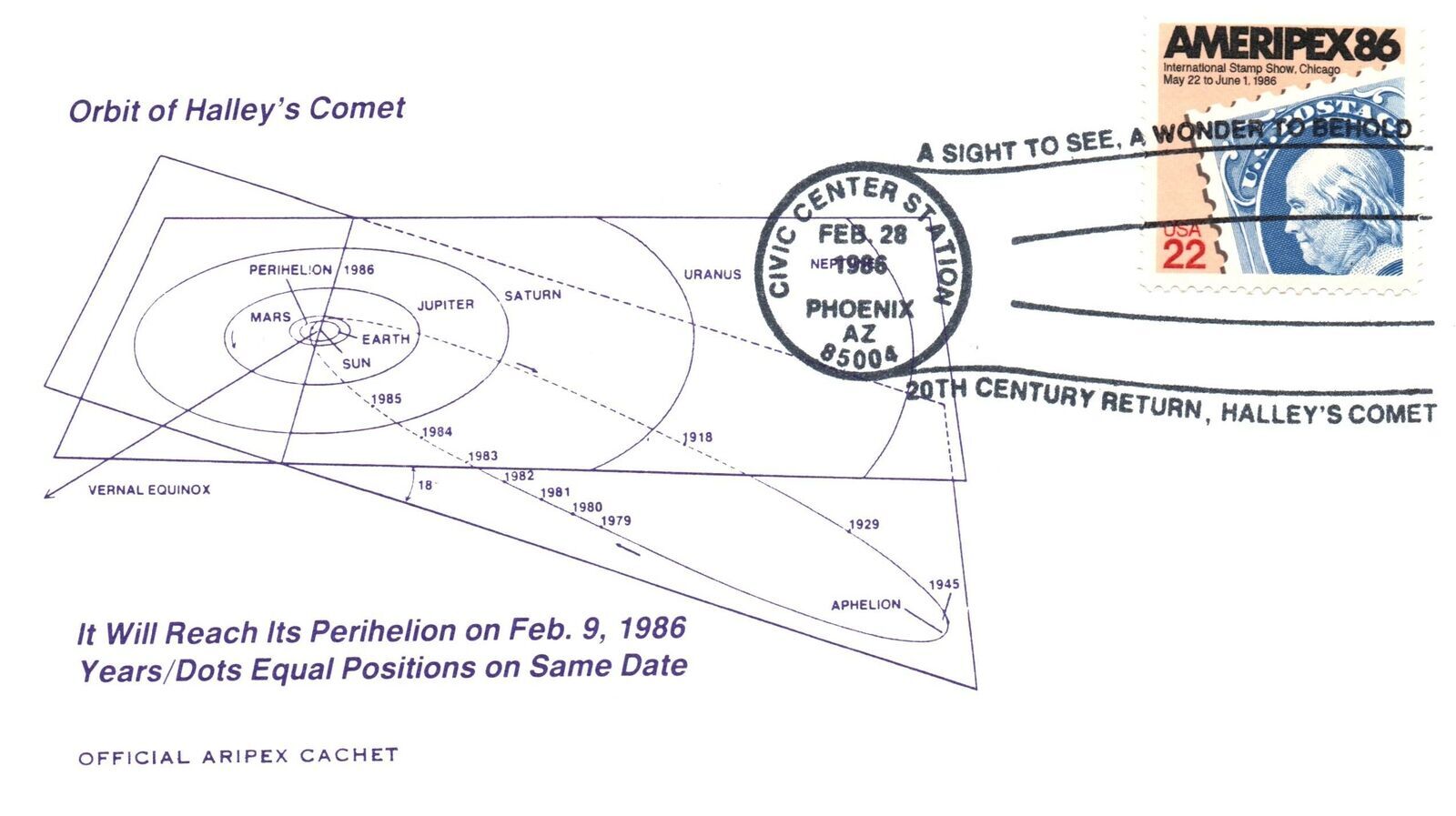 Orbit of Halley's Comet Official Aripex Cachet Cancelled Phoenix ...