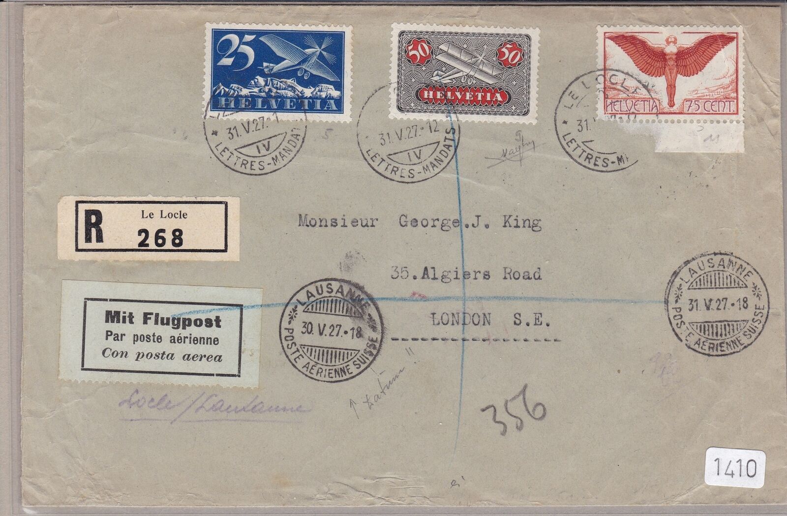 1927 Swiss/ Suisse/ Switzerland, Letter Mail Aerea Raccomandata Flight ...