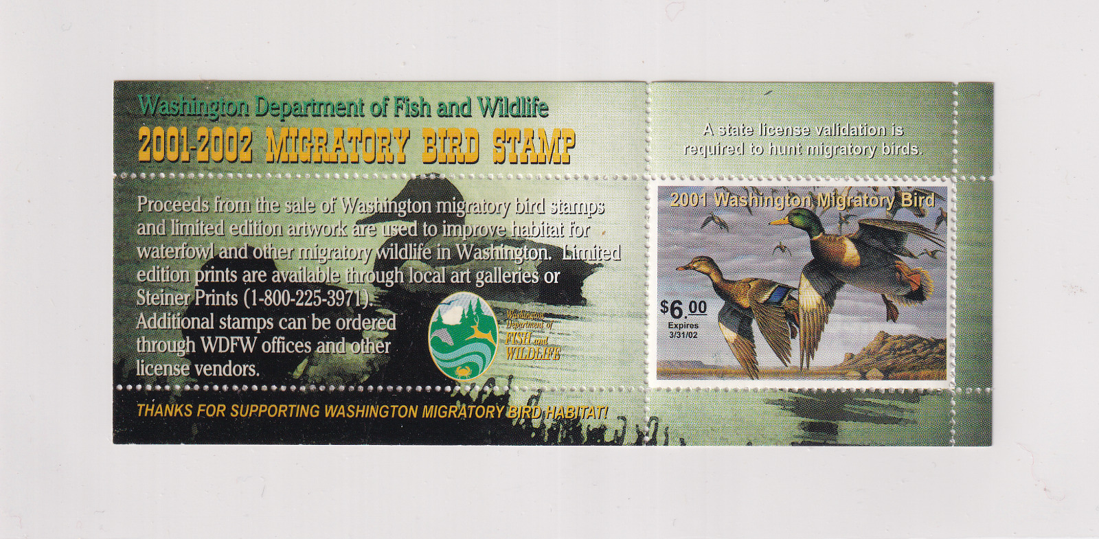 Washington Duck Hunting Stamp Sc #17a (Complimentary) (F31151) | United ...