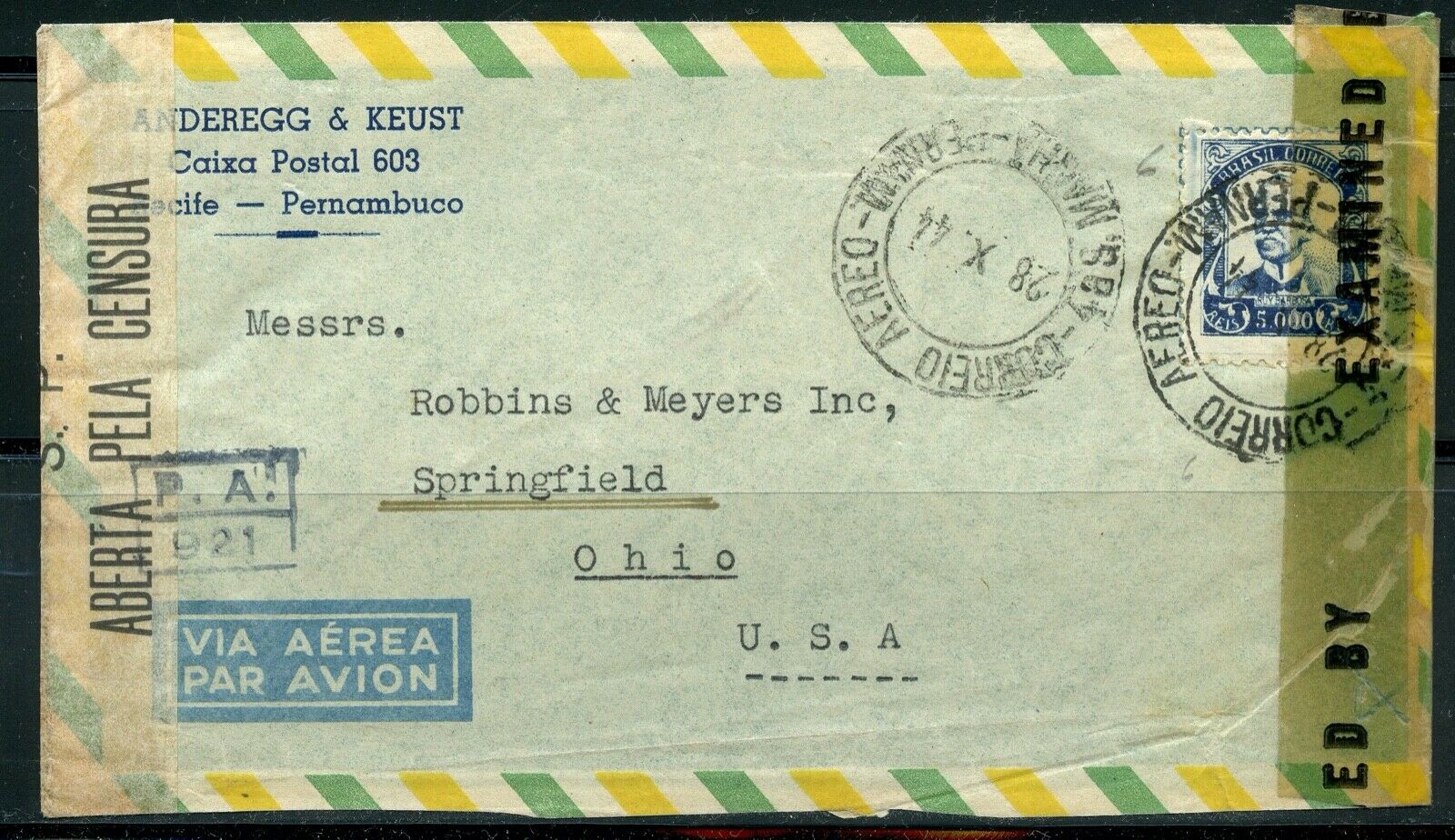 Brazil Recife PE 10/28/44 AIR Mail Cover to Ohio, USA as Shown 2 ...