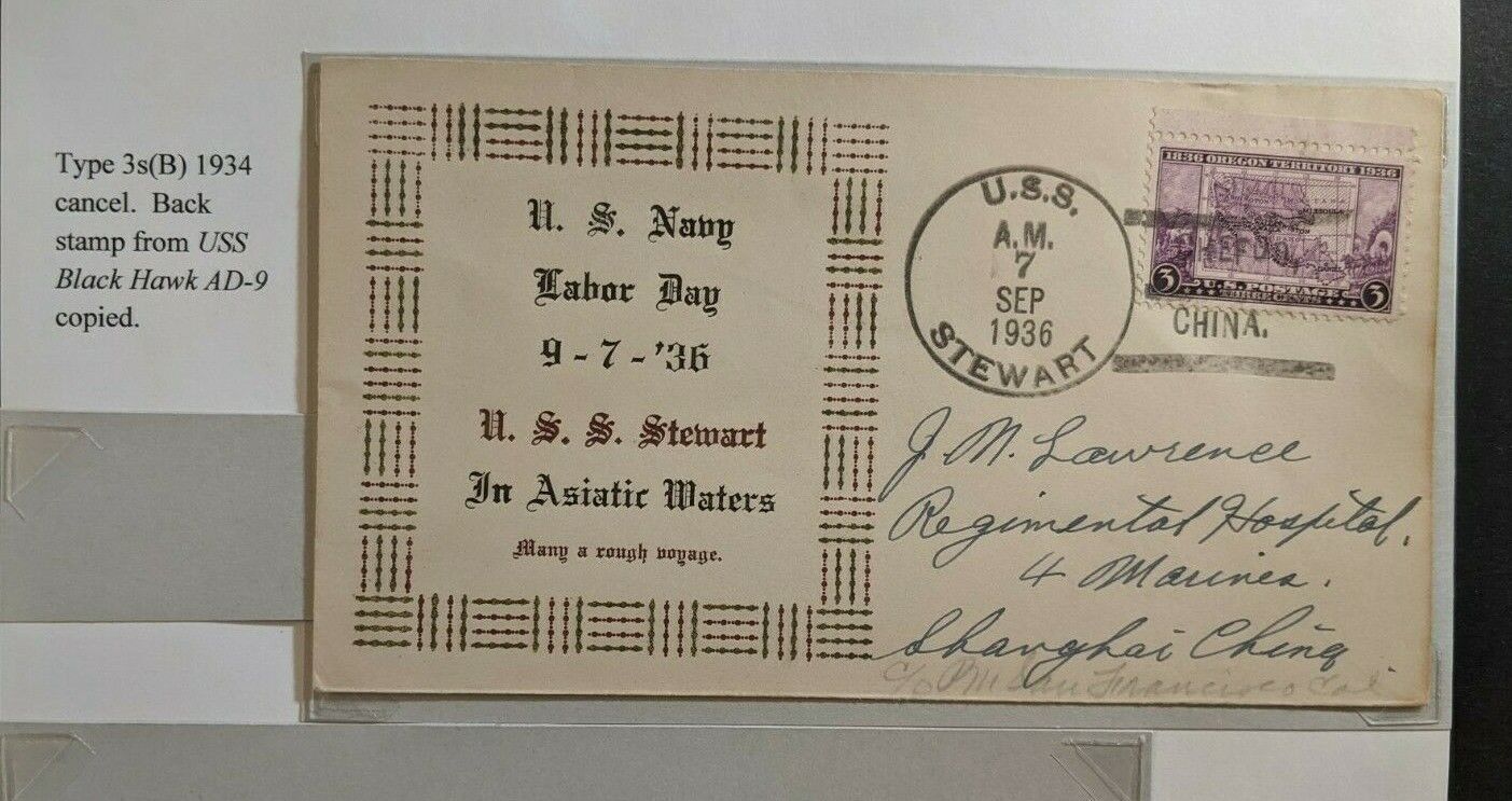 1936 USS Stewart Labor Day Chefoo China Cover USS Black Hawk Backstamp ...