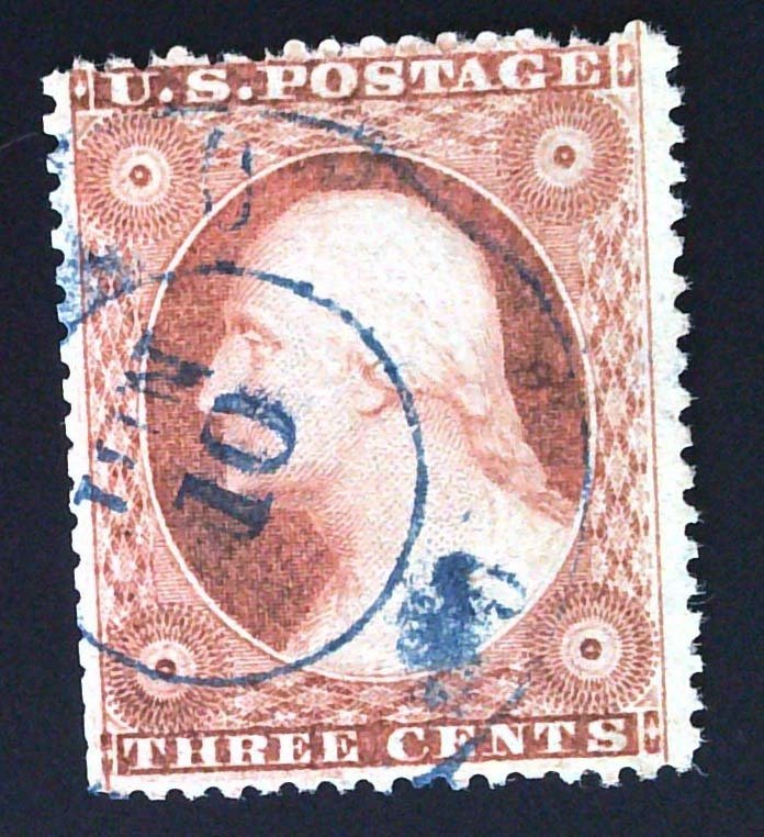 Scott #26 - VF - 3c Dull Red - Washington - Used Blue Cancel - LL Recut ...