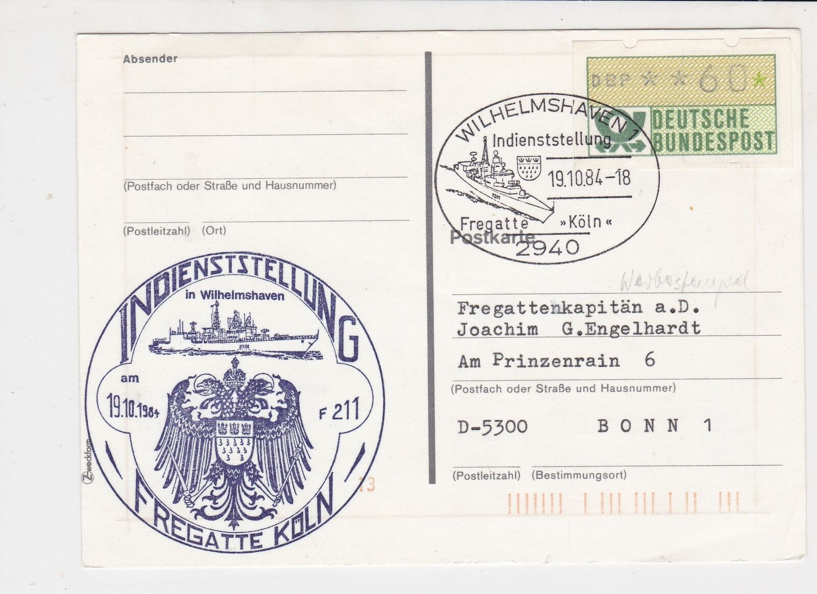 Germany 1984 Navy Ships Frigate Koln Slogan Cancel Stamps Card ref ...