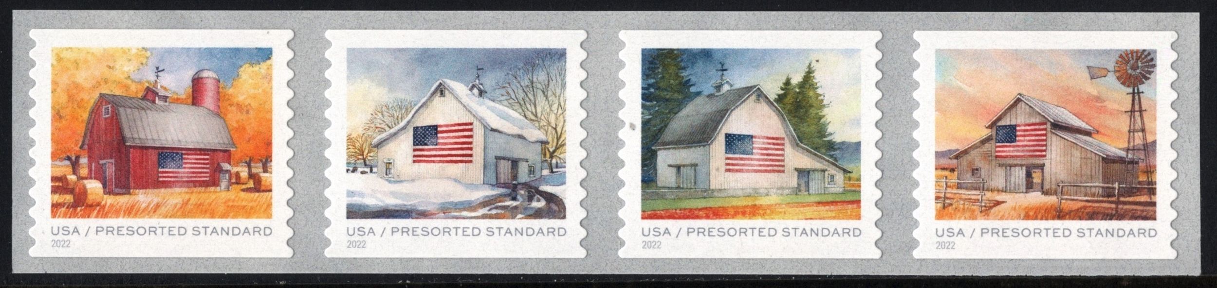 SC#5684-87 (Presorted Standard) Flags on Barns Coil Strip of Four (2022 ...