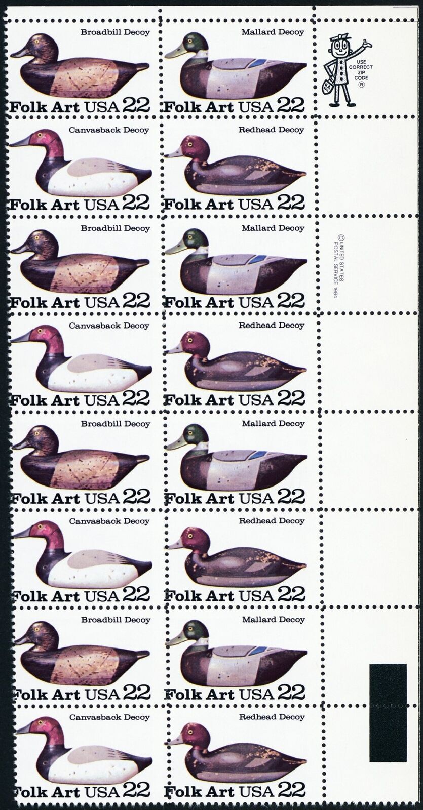 2141a, MNH 22¢ Decoys Misperfed Block of 16 Stamps Freaky Error ...