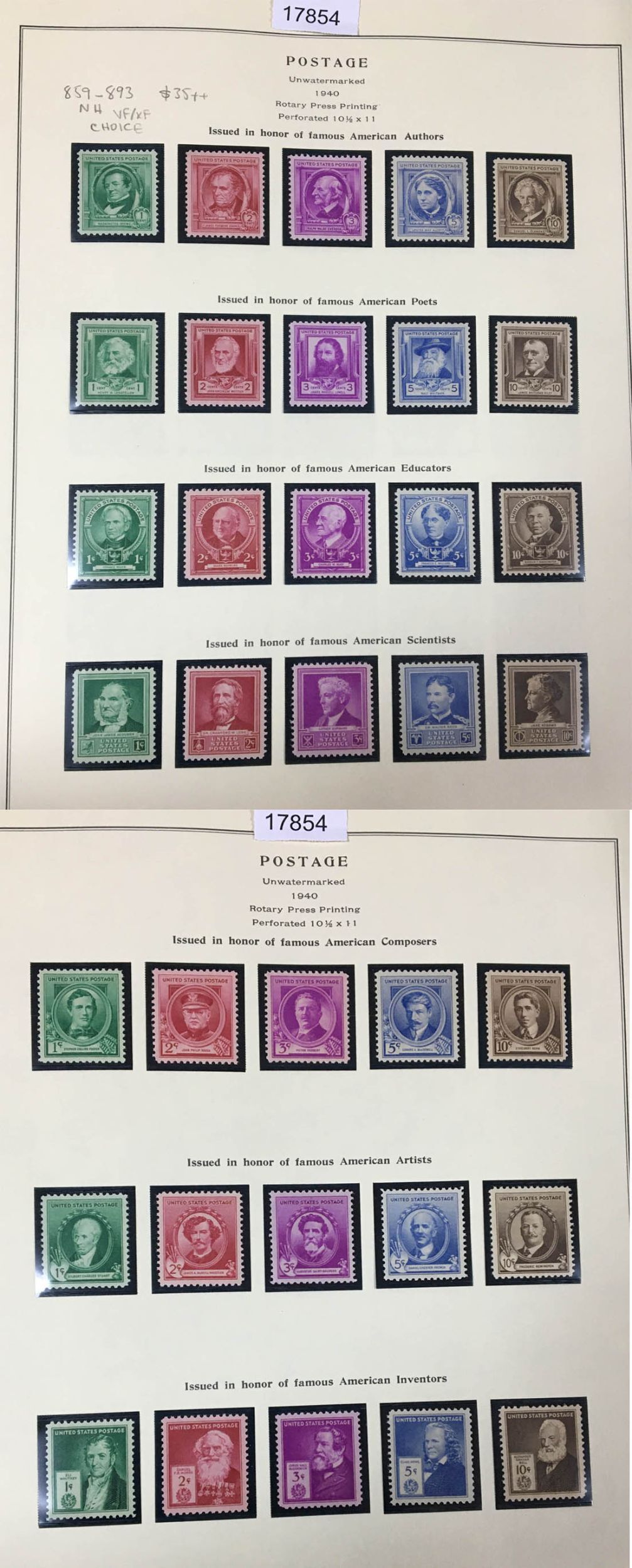 US Stamps # 859-893 1940 Mint OG NH VF/XF Choice $35++ LOT #17854 ...