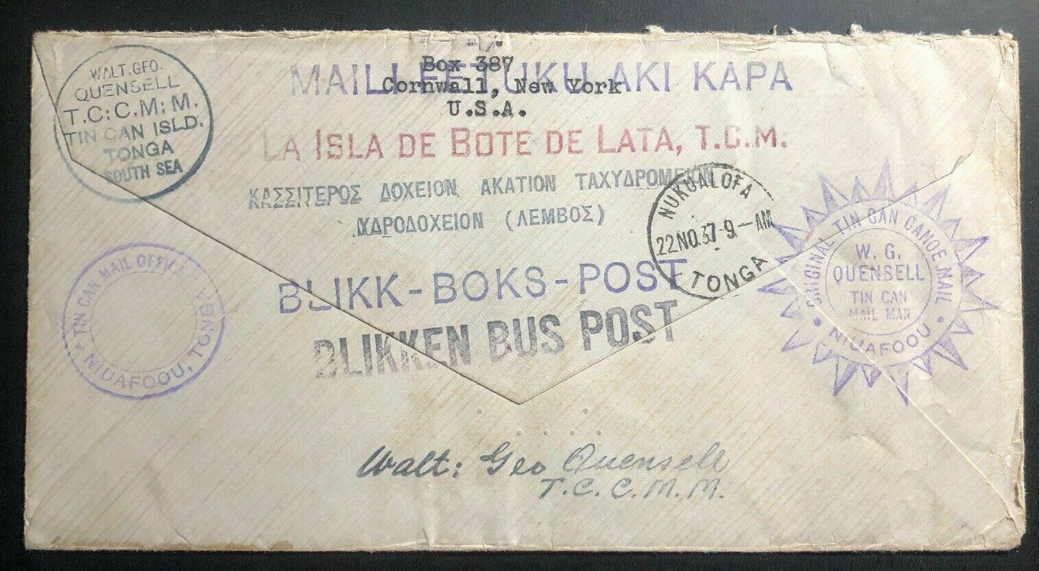 1937 Cornwall NY USA To Niuafoou Tonga Toga Tin Can Canoe Mail Cover ...