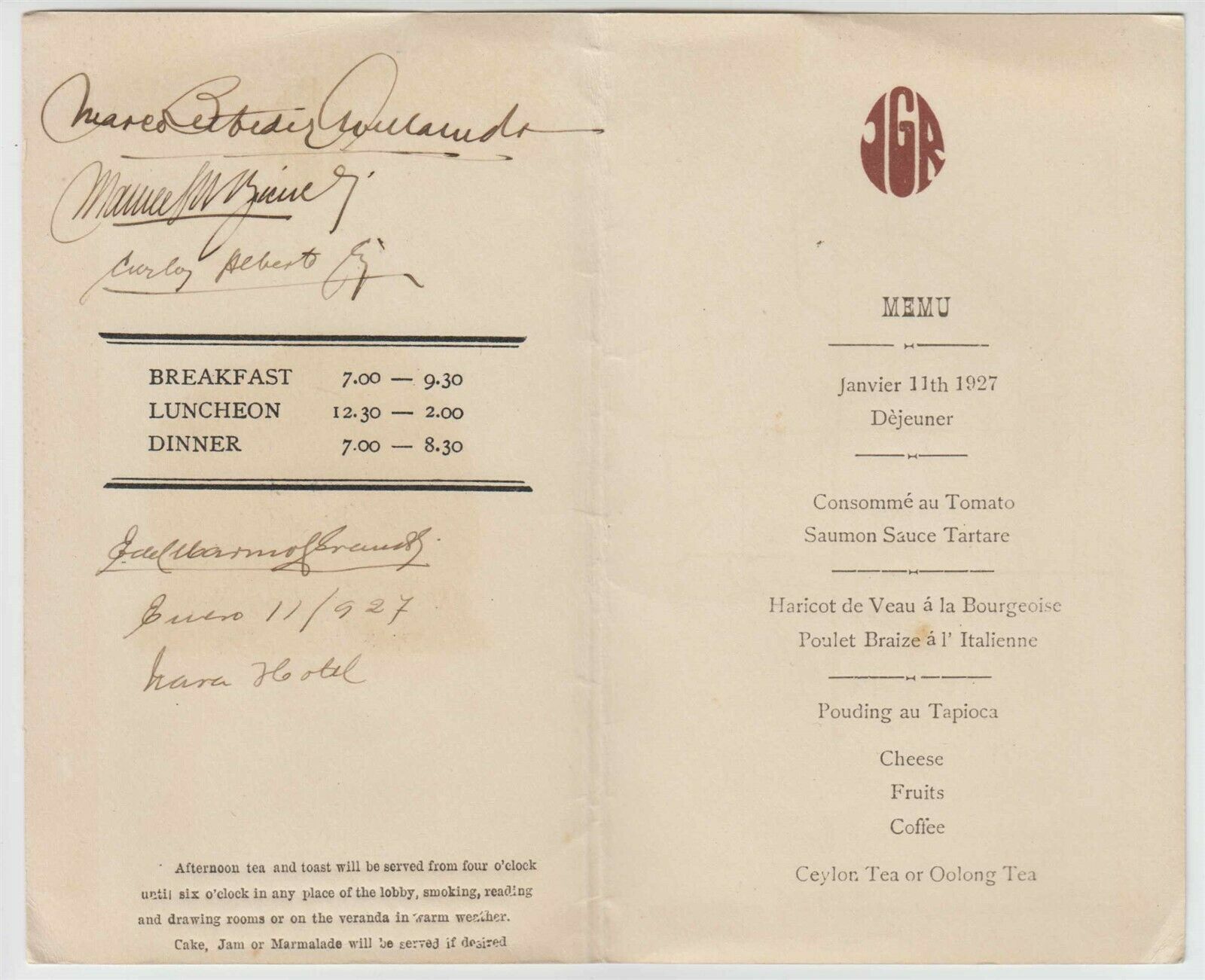 Japan 1927 the Nara Hotel Menu Dated 1927 Signed Prtd Letter Baggage ...
